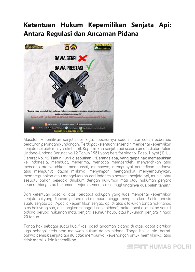 Ketentuan Hukum Kepemilikan Senjata Api Antara Regulasi Dan Ancaman Pidana